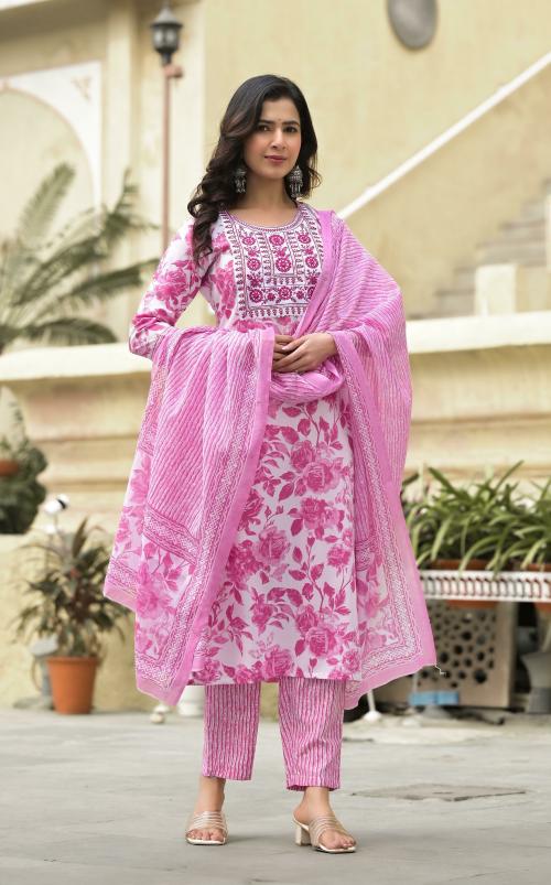 Buy Nermosa Women Pink, White Floral Print Viscose Rayon Kurta, Pant And Dupatta Set | Kurta Set ...