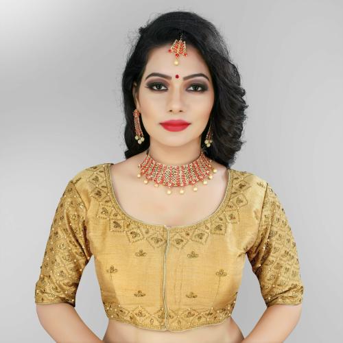 Buy Jay Pal Women Gold Embriodered Cotton Silk Round Neck Blouse Online ...