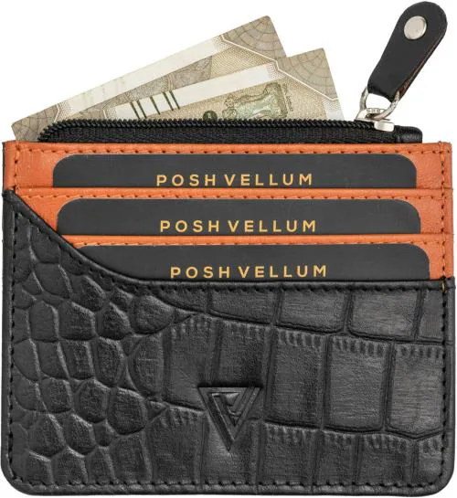 Buy POSH VELLUM Men & Women Black Genuine Leather Card Holder (6 Card ...