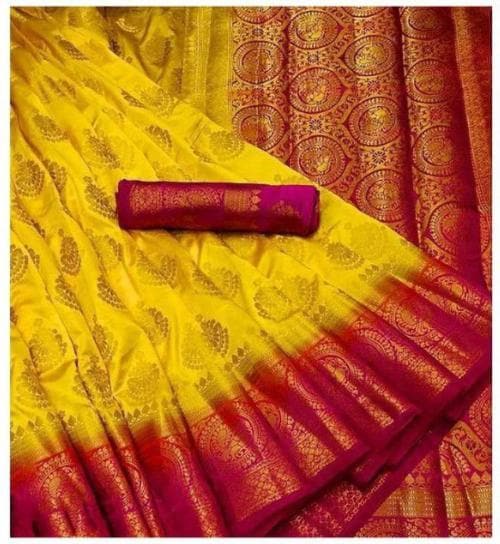 Buy Mansh the stylo..Women Yellow Woven Silk Blend Kanjivaram Saree ...