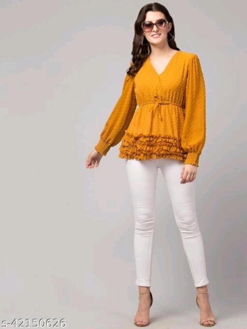 Buy CF CREATIVE Women Gold Self Design Chiffon Tops (L) Online at Best ...