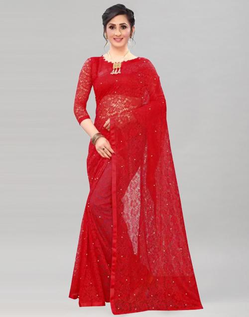 Buy Siril Net Red Color Net Saree with Blouse piece | sarees for Women ...