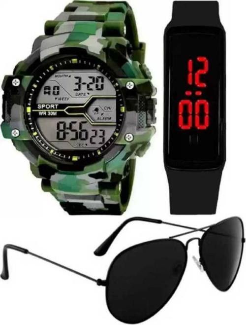 Buy Selloria Digital Dial Black Band Green Led Watch And Sunglasses For ...