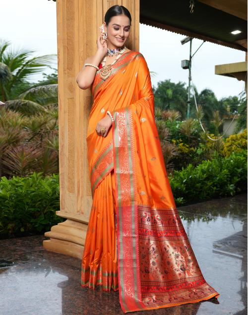 Buy Satrani Poly Silk Gold & Orange Color Saree with Blouse piece ...