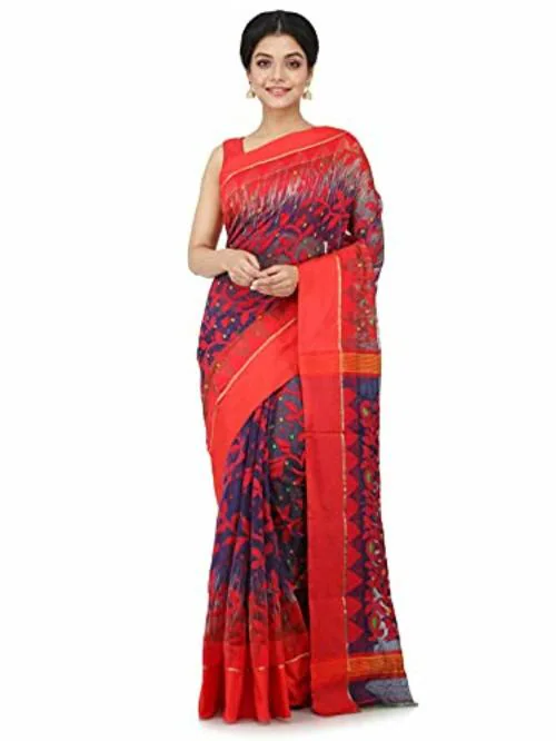 Buy PinkLoom Women Red Handloom Pure Cotton Jamdani Saree Without Blouse Piece Online at Best ...
