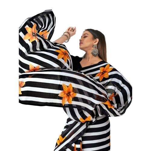 Buy Marabout Women's Beautiful Black Colour Stripped Pure Georgette ...