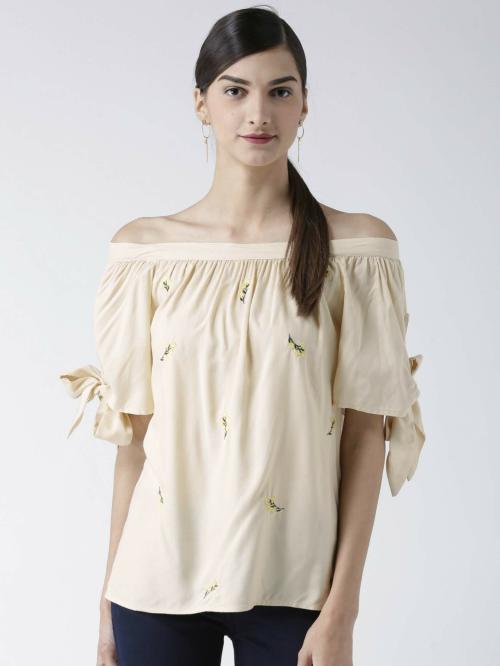 Buy 109F Women Beige Embroidered, Floral Print Viscose Top Online at ...