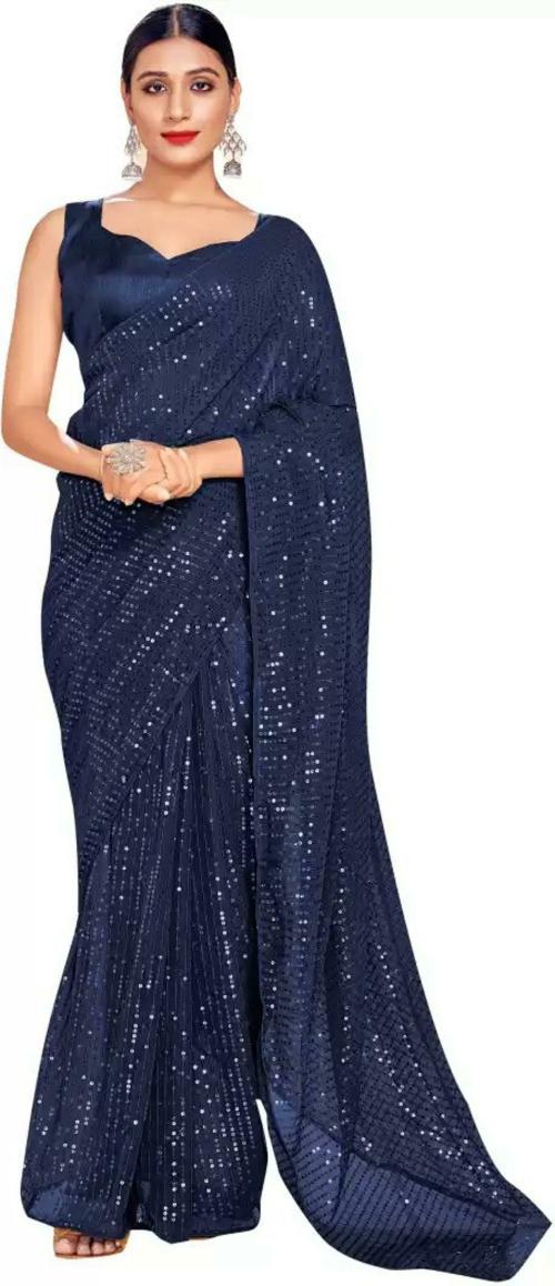 Buy Febo Fashion Women Navy Embellished Georgette Single Saree Online ...