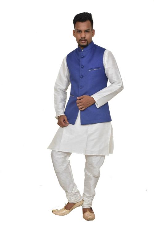 Buy Mag Men's White Matching silk Kurta Churidhar With Royal Blue Joot ...