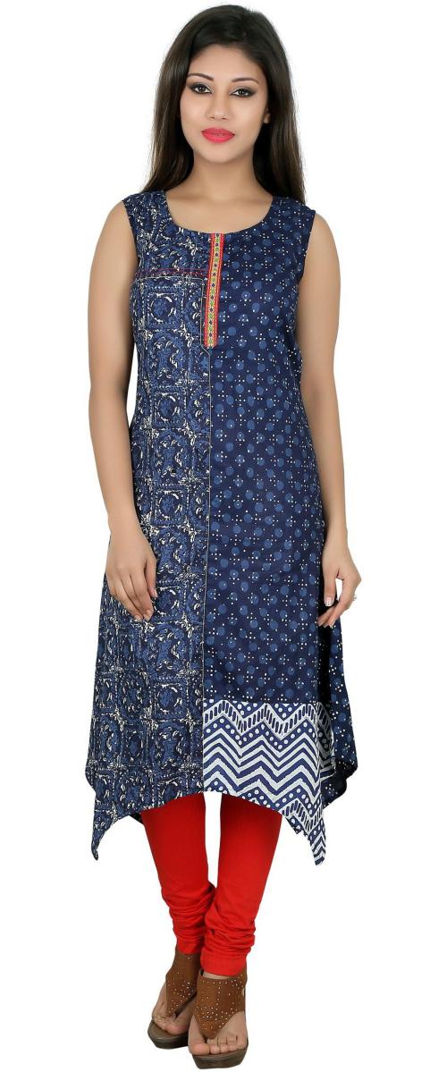Buy Span Women Blue Printed Cotton Blend A-Line Kurta Online at Best ...