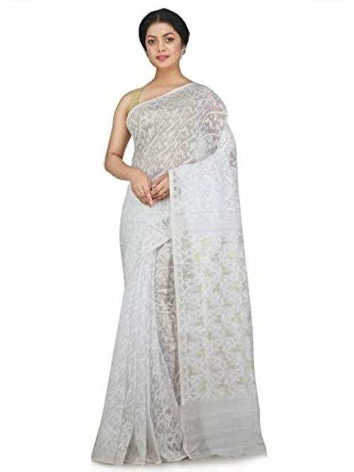 Buy PinkLoom Women White Solid Cotton Jamdani Saree without Blouse Piece Online at Best Prices ...