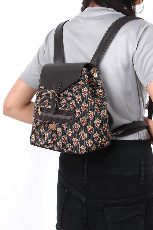 Buy Afsoon Brown Pu Leather, Cotton Printed 4L Backpack For Women ...