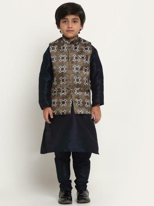 Buy Benstoke Boys Navy Blue & Olive Green Geometric Silk Blend Kurta ...