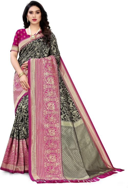 Buy Serona Fabrics Women Black Printed Silk Blend Regular Saree Online ...