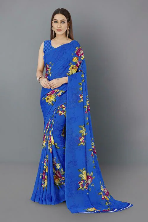 Buy Anand Women Blue Floral Georgette Single Saree Online at Best ...