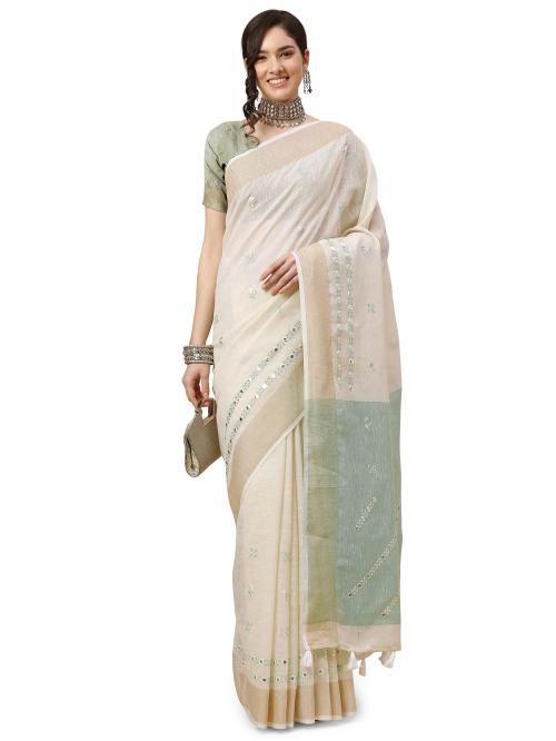 Buy Rekha Maniyar Pure linen Light Rama Color Embroidered Saree for ...