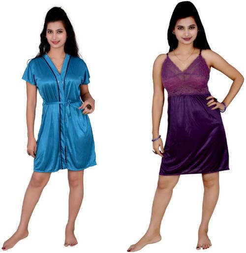 Natkhat Radha Women Blue Solid Satin Pack Of 2 Babydoll (Free Size ...