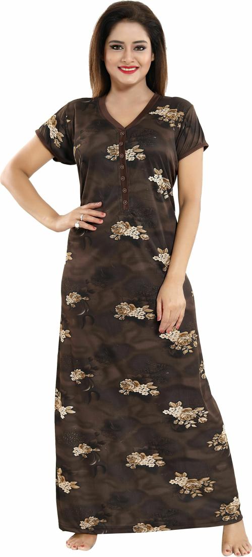 Buy Babesa Women Brown and Beige Printed Satin Nighty - Free Size ...