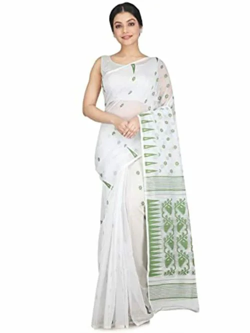 Buy PinkLoom Women White and Green Woven Pure Cotton Jamdani Saree Without Blouse Piece Online ...