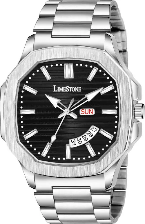 Buy Limestone Day and Date Function Black Dial Silver Strap Analog ...