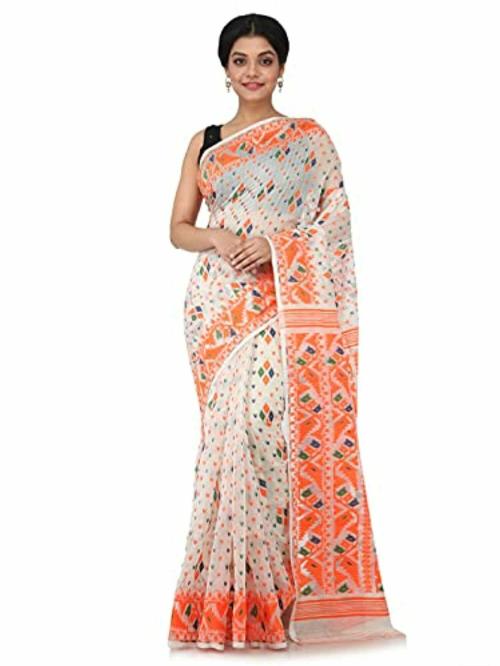 Buy PinkLoom Women White Solid Pure Cotton Jamdani Saree without Blouse Piece Online at Best ...