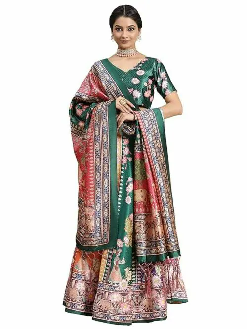 Buy KAHIRAA WHOLETEX Pink & Green Printed Kalamkari Semi-Stitched ...