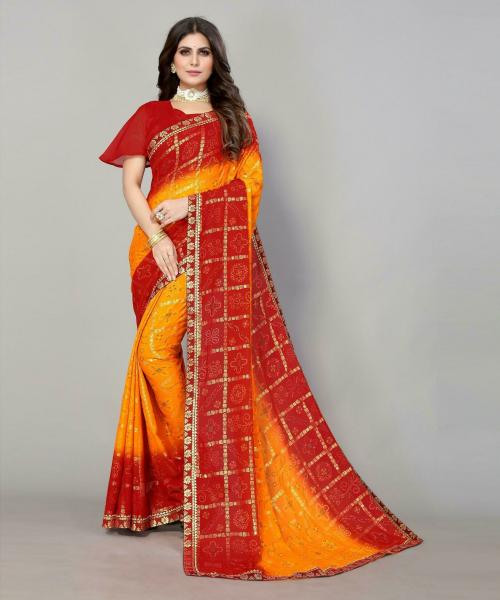 Buy ANIRAV women ethinic wear Printed Georgette Lace Yellow Saree ...