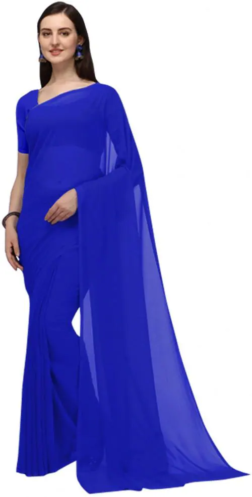 Buy IrisTheStudio Women Blue Georgette Solid, Plain Daily Wear Saree ...