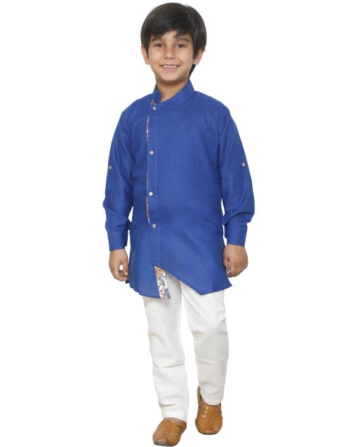 Buy Dkgf Fashion Boys Blue Solid Cotton Blend Set Kurta and Pyjama Set ...