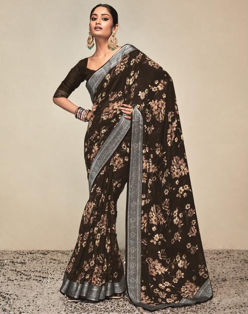 Buy Satrani Georgette Brown Color Saree with Blouse piece | sarees for ...