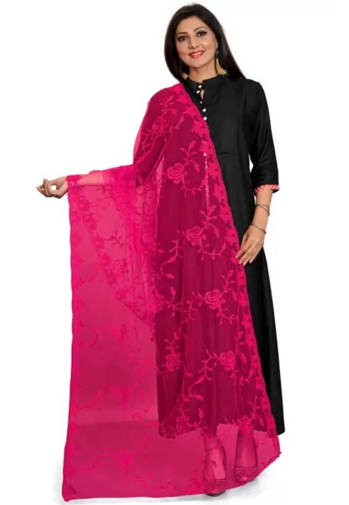 Buy Kemza Women's Embroidered Phulkari Net Dupatta (Pink) with Floral Work Online at Best Prices ...