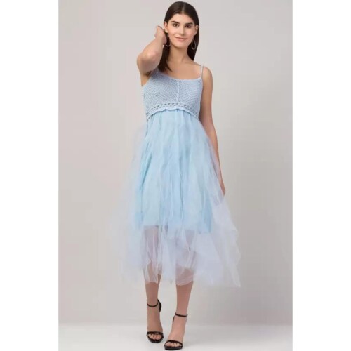 Buy Famiss fashion Net Solid Sleeveless Calf Length Midi Fit and Flare ...