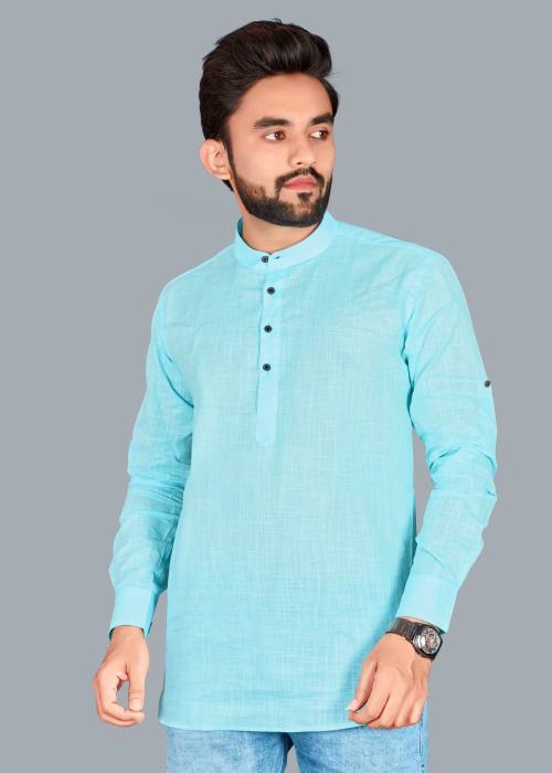 Buy Allan Peter Men's Light Blue Solid Pure Cotton Single Short Kurta ...