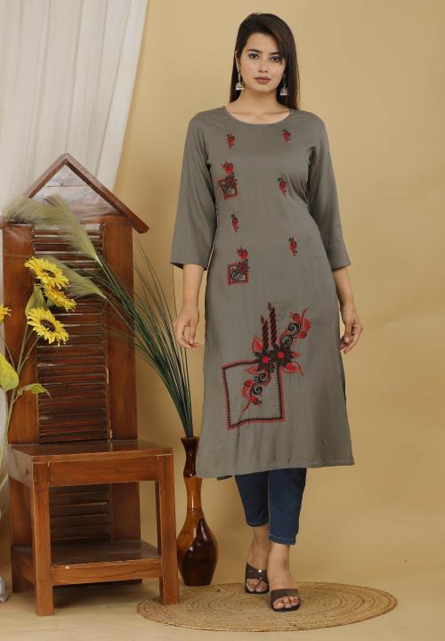 Buy Mehsoos Women Grey Embroidered Cotton Rayon Straight Kurta (5XL ...