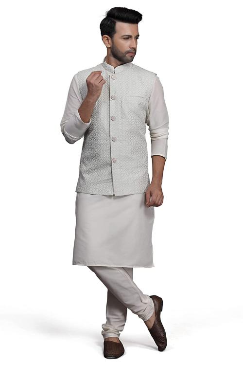 Buy HEORA Mens Grey Silk Blend Jacket and Kurta Pyjama Set for Ethnic ...