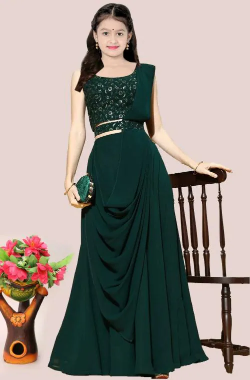 Buy Piludi Girls Green Embroidered Art Silk Lehenga & Choli | Girls ...