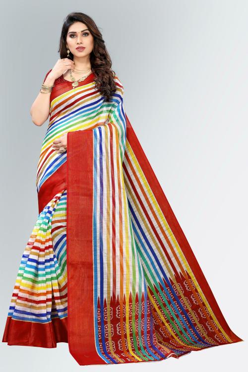 Buy sareya veela Leheria Women Multicolor Striped Cotton Linen Sarees ...