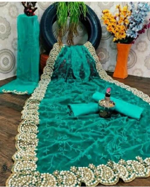 Buy Harmi Fashion Women Light Blue Embroidered Net Bollywood Saree ...