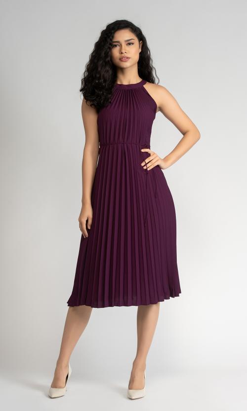 Buy AASK Women's Elegant Belted Pleated Sleeveess Short Dress Purple ...
