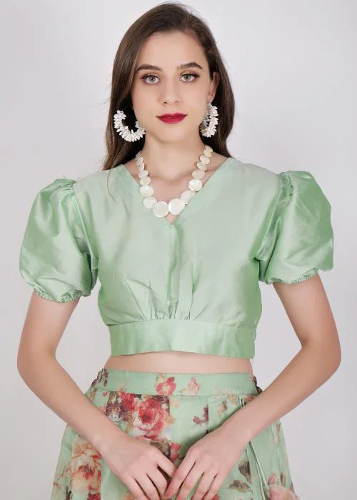 Buy FR Frolic Rolic Women's Girls Silk Puff Sleeve Solid V-Neck Crop ...