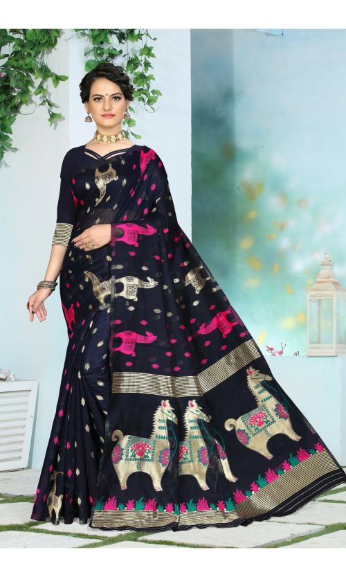 Buy NOPSE Women's Cotton Designer Jamdani Saree (Ashwini Navy) Online ...