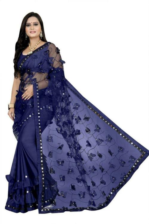 Buy VANRAJ CREATION Women Dark Blue Self Design Net Saree Online at ...