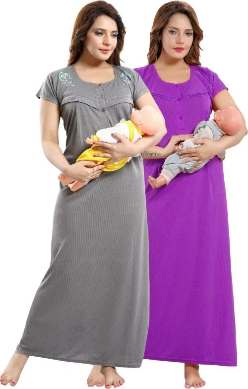 Buy Be You Women Grey, Purple Striped Cotton Maternity/Nursing Nighty ...