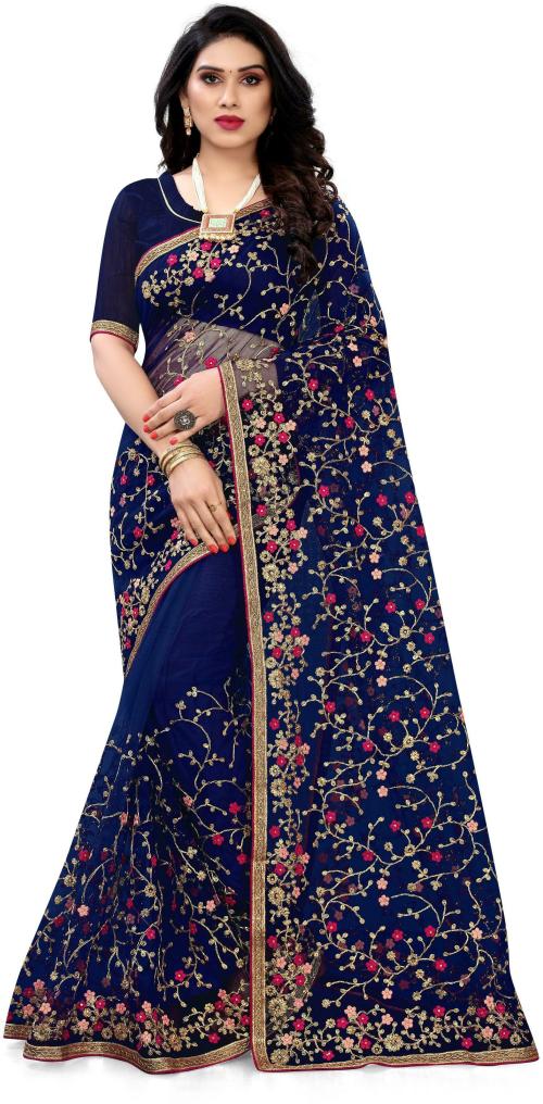 Buy Serona Fabrics Women Blue Self Design Net Regular Saree Online at ...