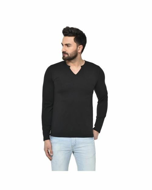 Buy Glito Solid Black Full Sleeves V-Neck T-shirts For Men's Online at ...