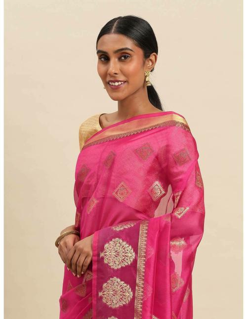 Buy Indian Women Women Organza Silk Top Dyed Silk Rani Color Saree ...