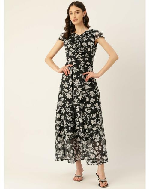 Buy Rue Collection Women Black & Beige Floral Printed Dress Online at ...