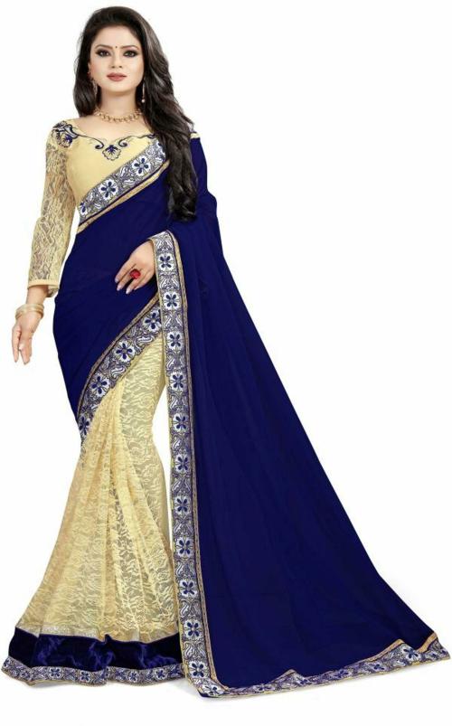 Buy Fabcartz Women Navy Blue Self Design Georgette, Net Saree Online at ...