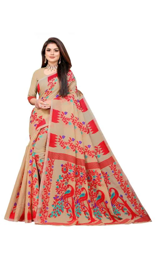 Buy NOPSE Women's Cotton Designer Jamdani Saree (Suchita Beige) Online ...