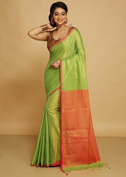 Buy Abrita Saree Handloom Dual Tone Tisu Anchal Saree (Green And Red ...
